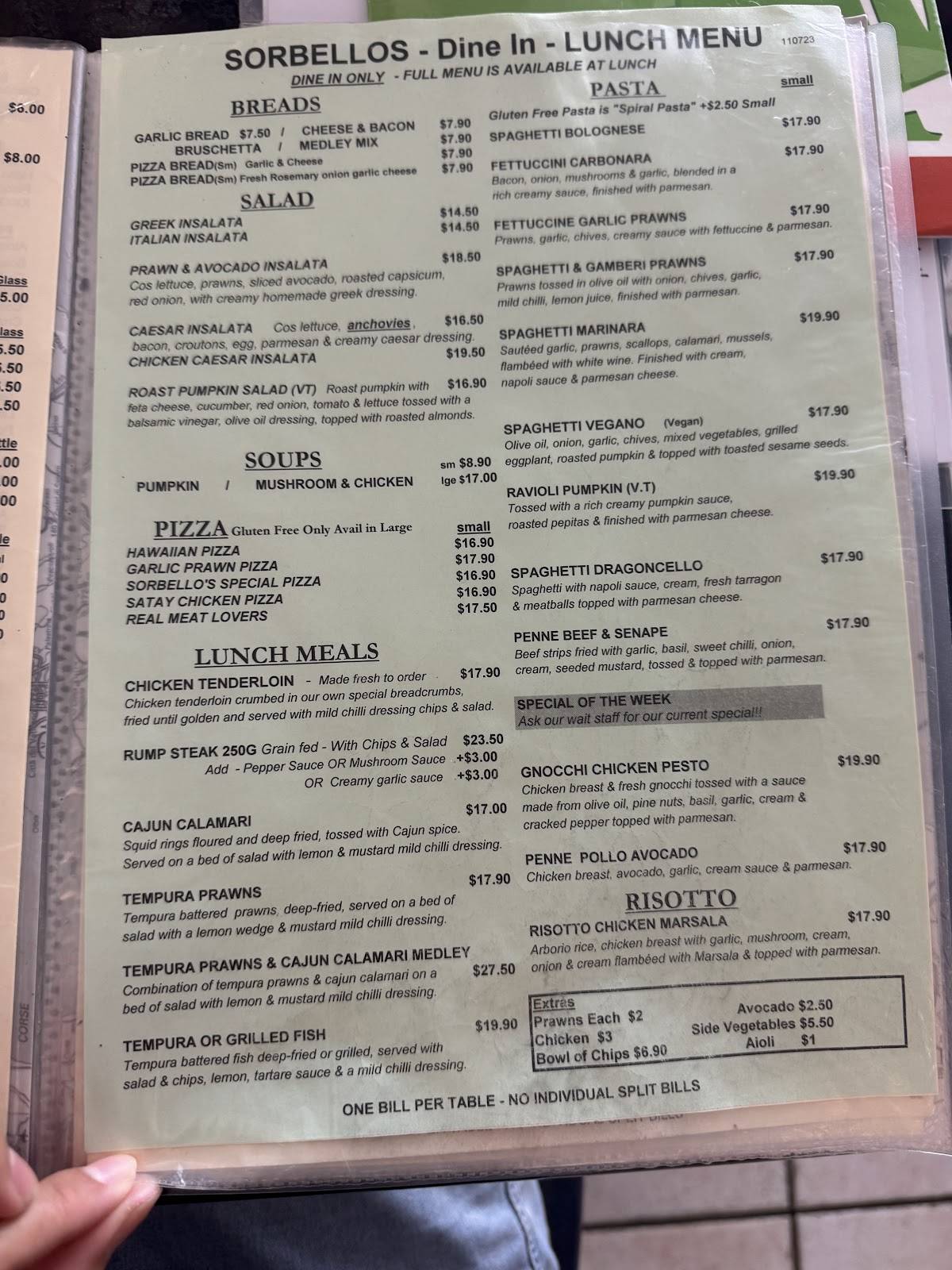 Menu at Sorbellos Italian Restaurant, Mackay, 166 Victoria Street