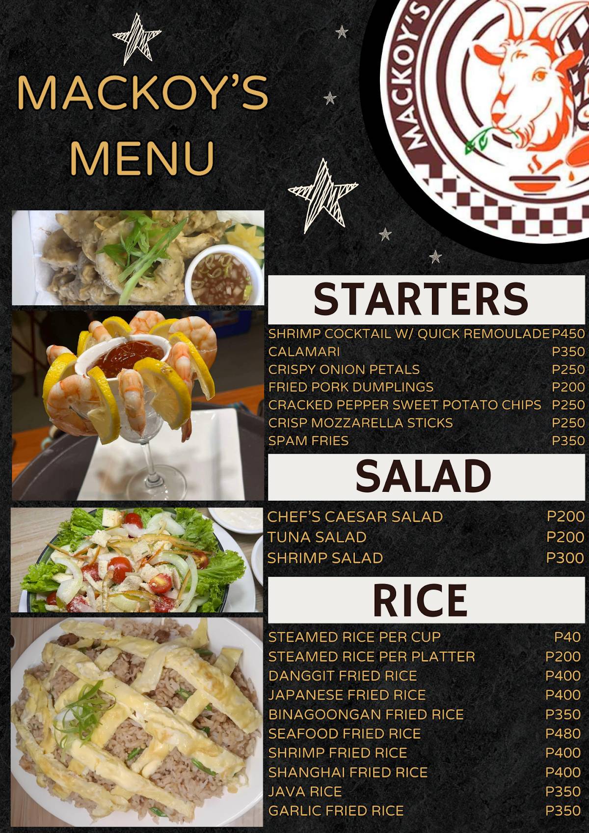 Menu at Mackoy's Kambingan at Bulalohan restaurant, Dasmariñas