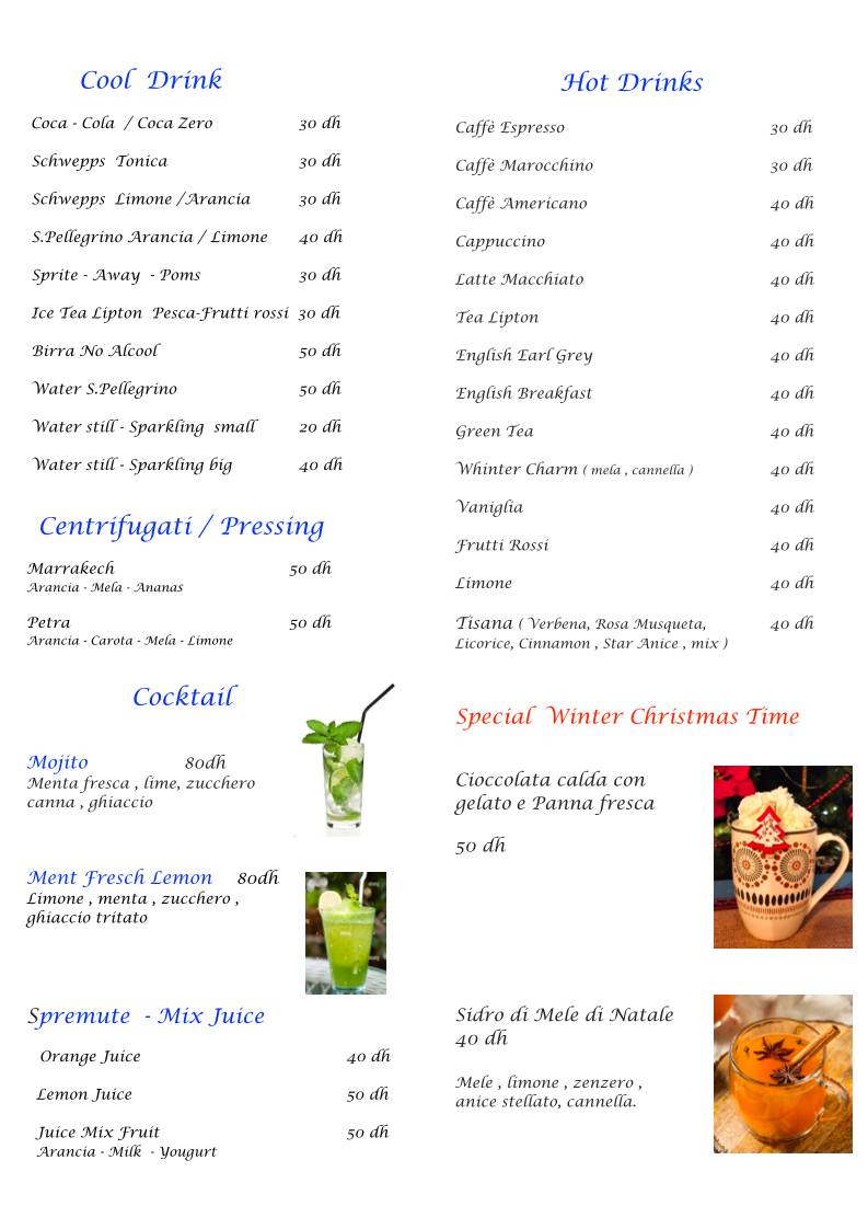 Menu at Macondo restaurant, Tangier