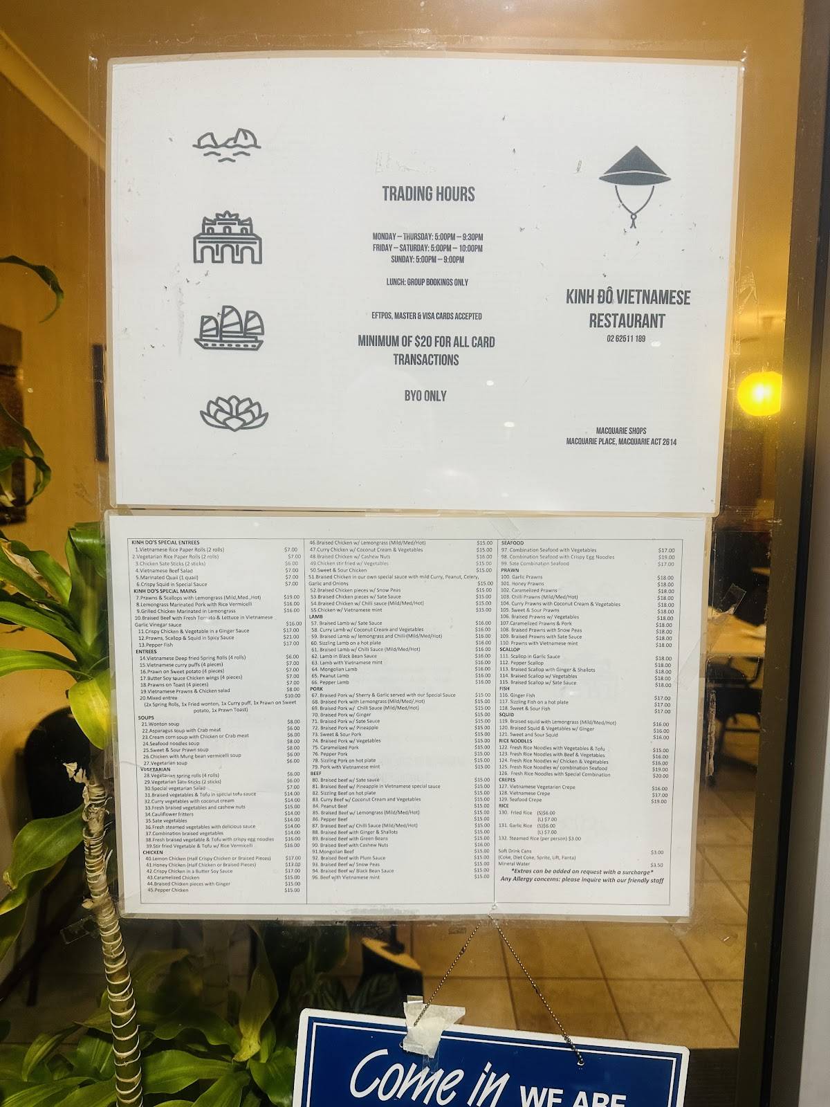 Menu at Kinh Do restaurant, Macquarie