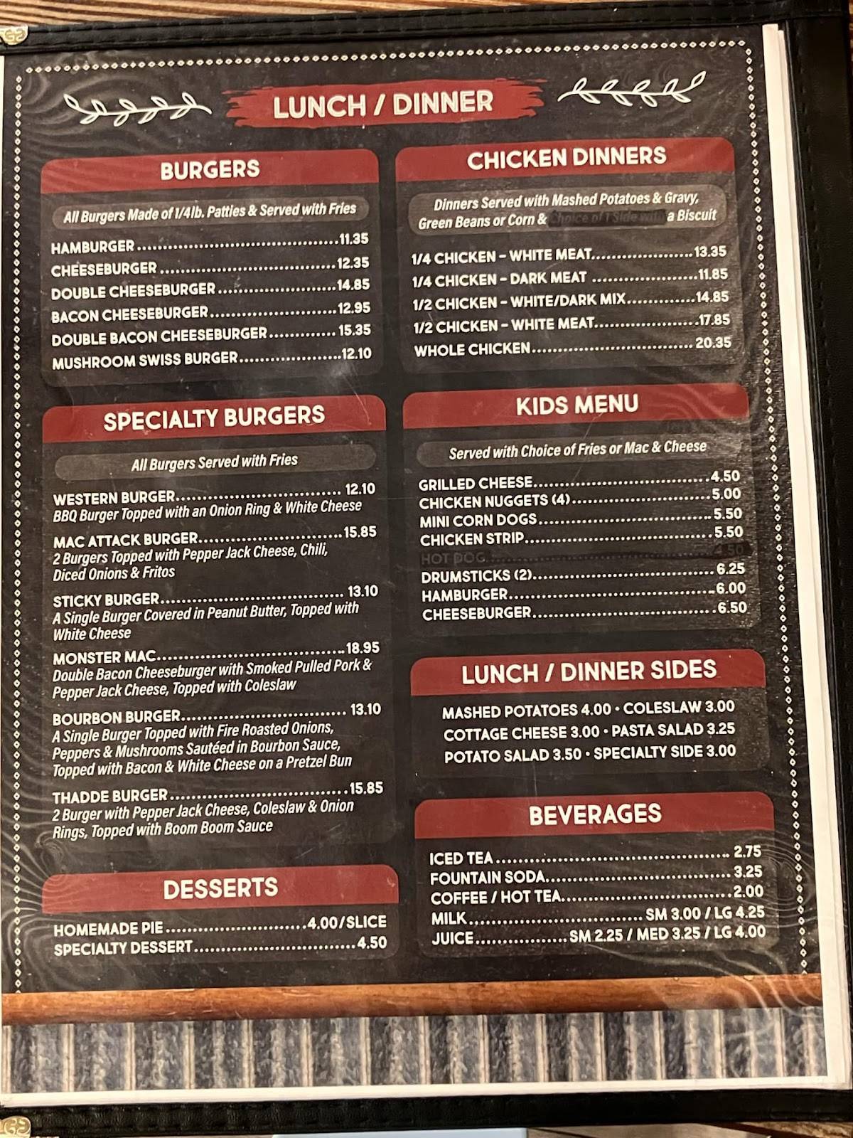 Menu at Mac's Diner restaurant, Witt