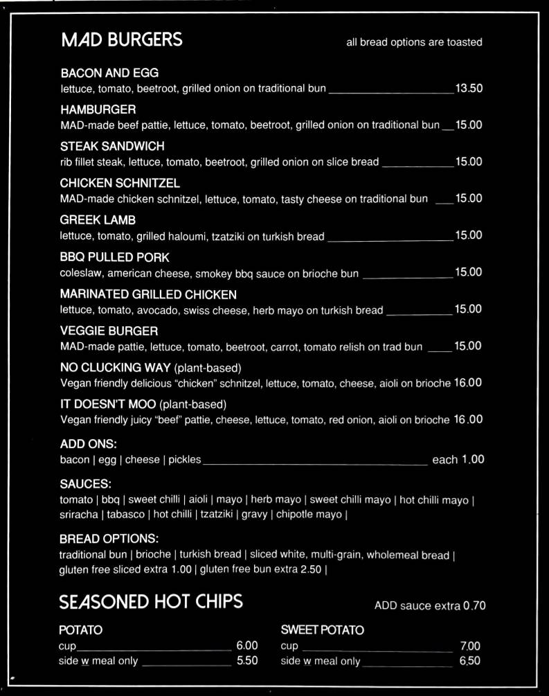 Menu at Mad Kitchen & Co cafe, Herston