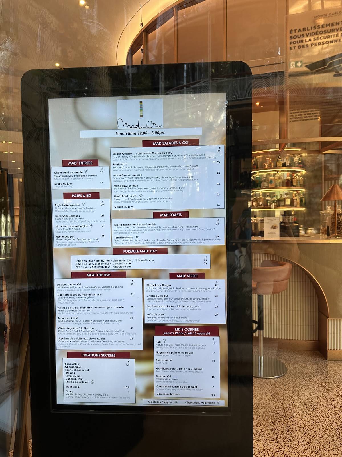 Menu at Mada One restaurant, Monaco-Ville