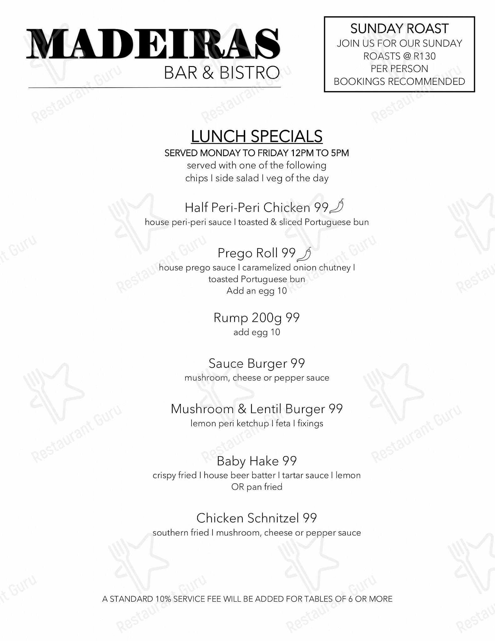 Menu at Madeiras Bar & Bistro, Cape Town