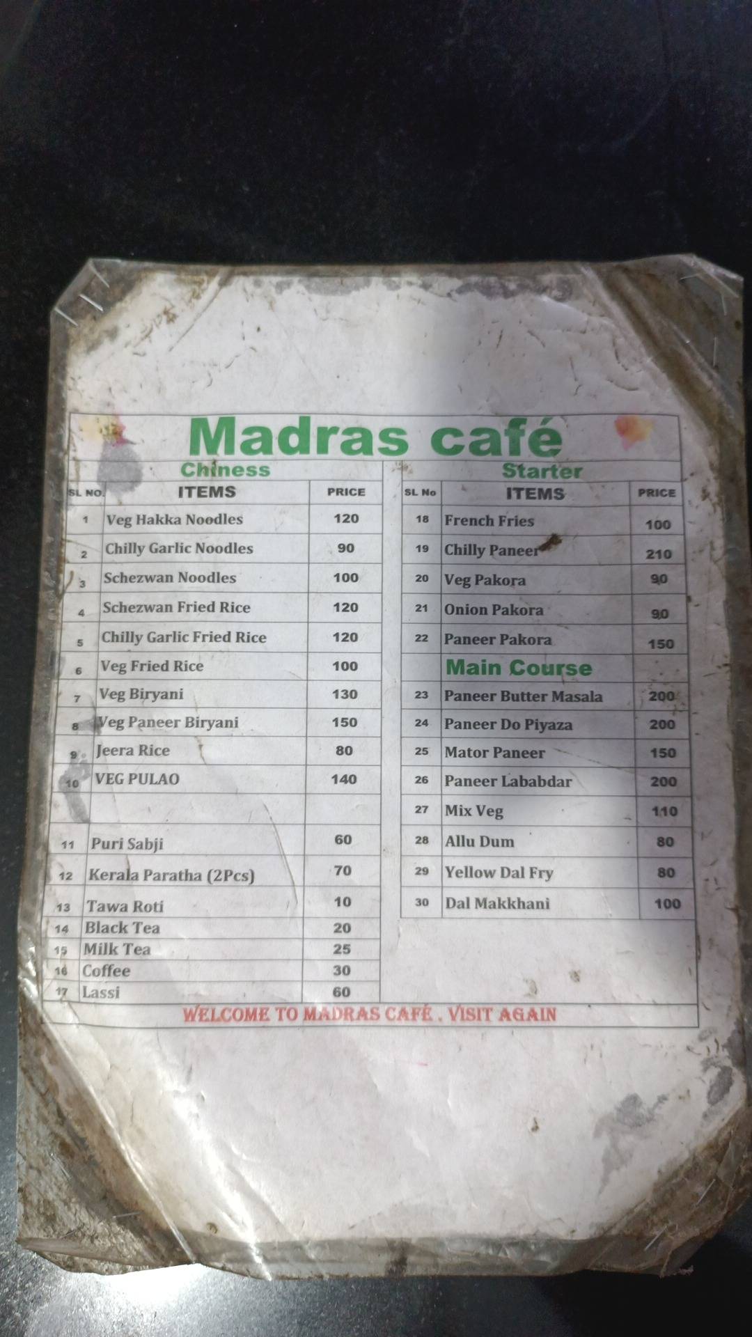 Menu at Madras Cafe, Guwahati