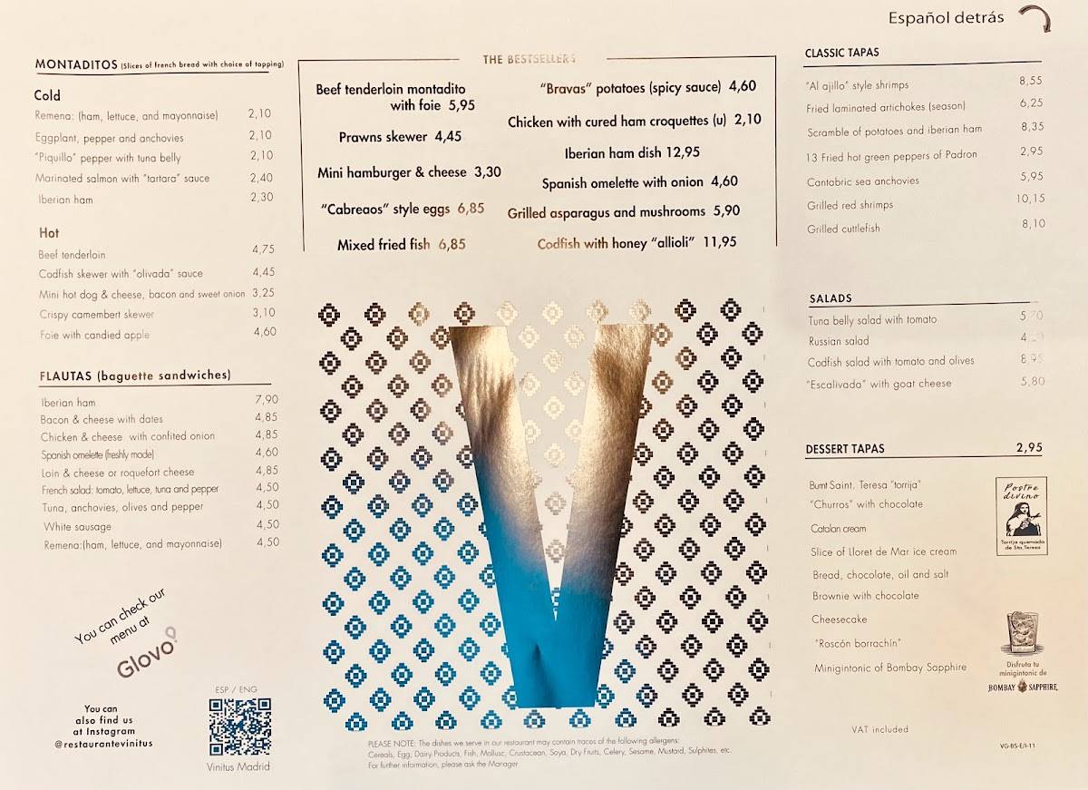 Carta del restaurante Vinitus, Madrid