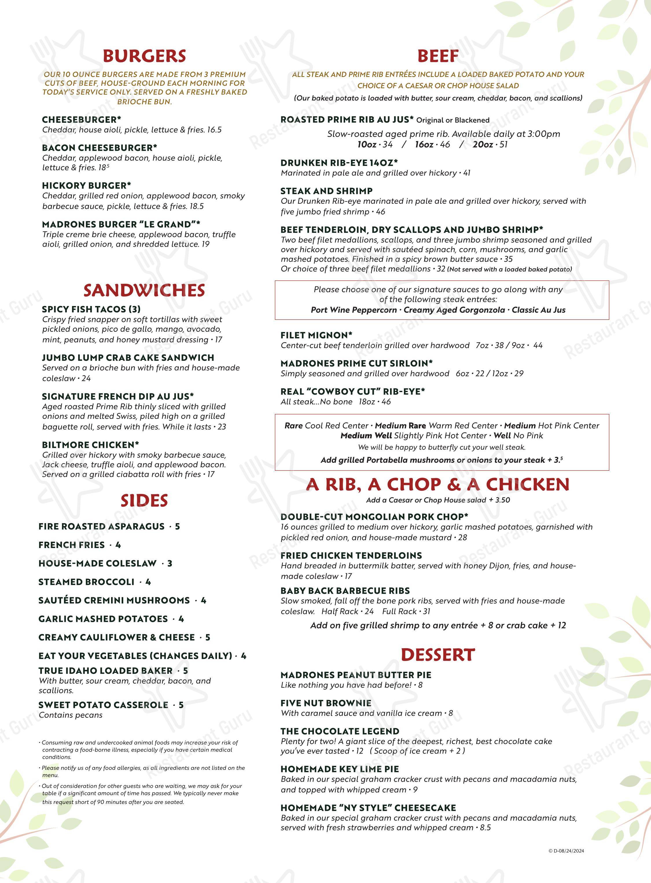 Menu at Madrones pub & bar, Frederick, Wormans Mill Rd