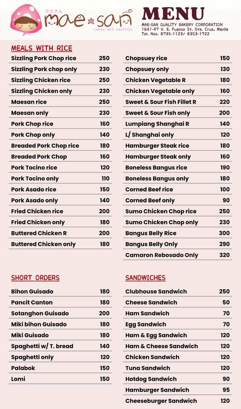 Menu at Mae San Cakes & Pastries restaurant, Manila