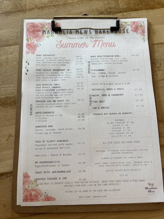 Menu at Magnolia Mews Bakehouse cafe, Bristol