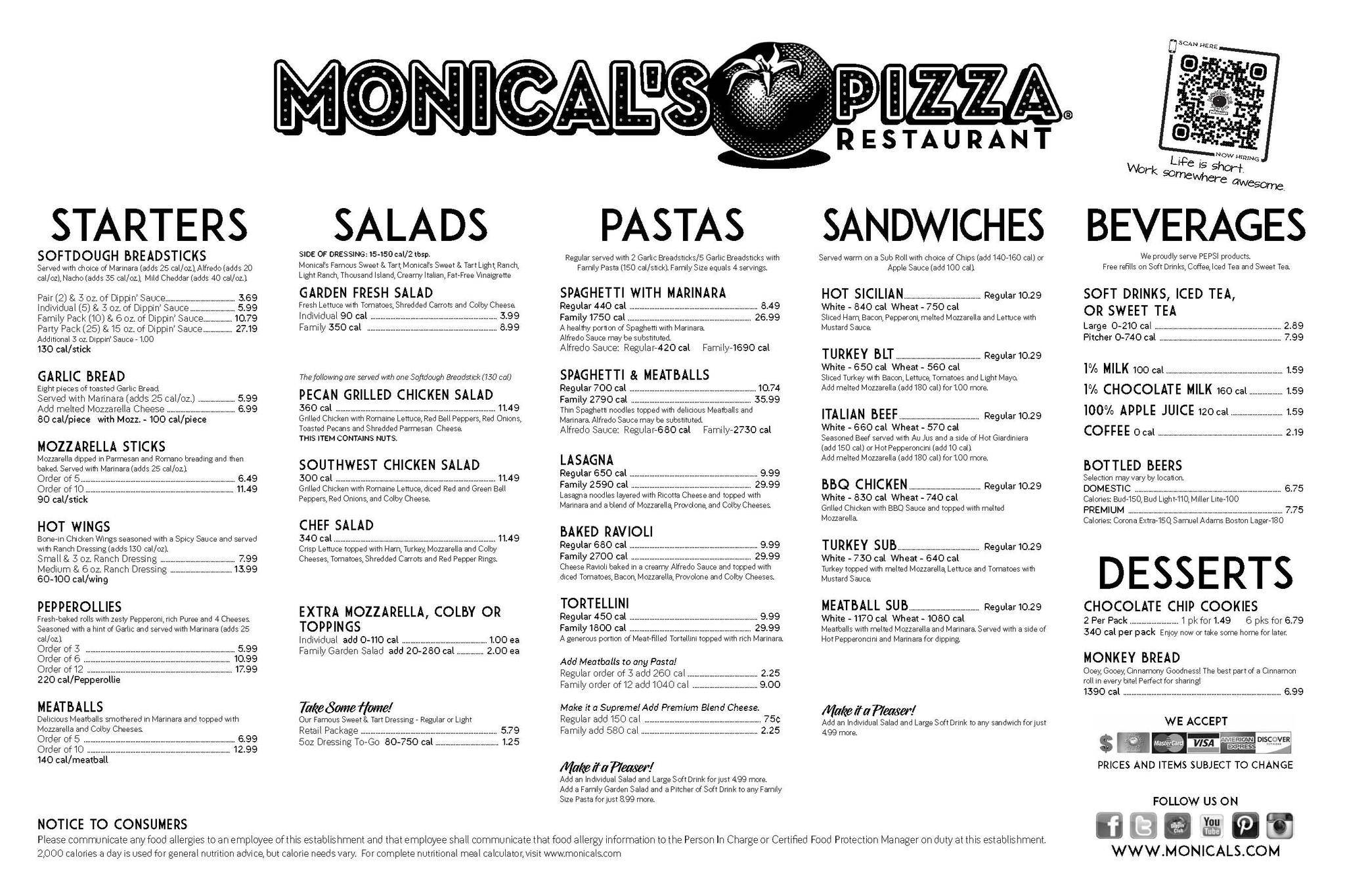 Menu at Monical's Pizza pizzeria, Mahomet