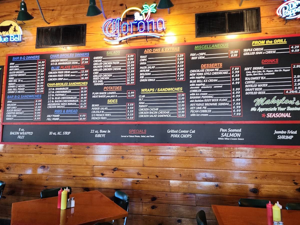 Menu at Mahylon's BBQ, Muskogee
