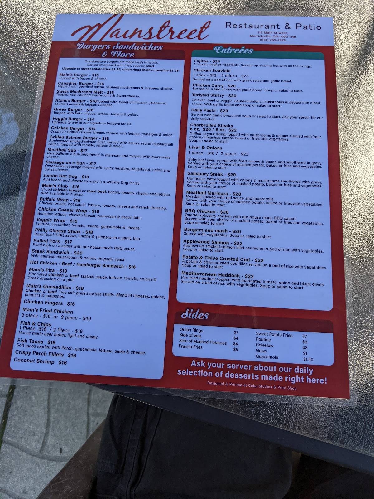Menu at Mainstreet Family Restaurant, Merrickville-Wolford