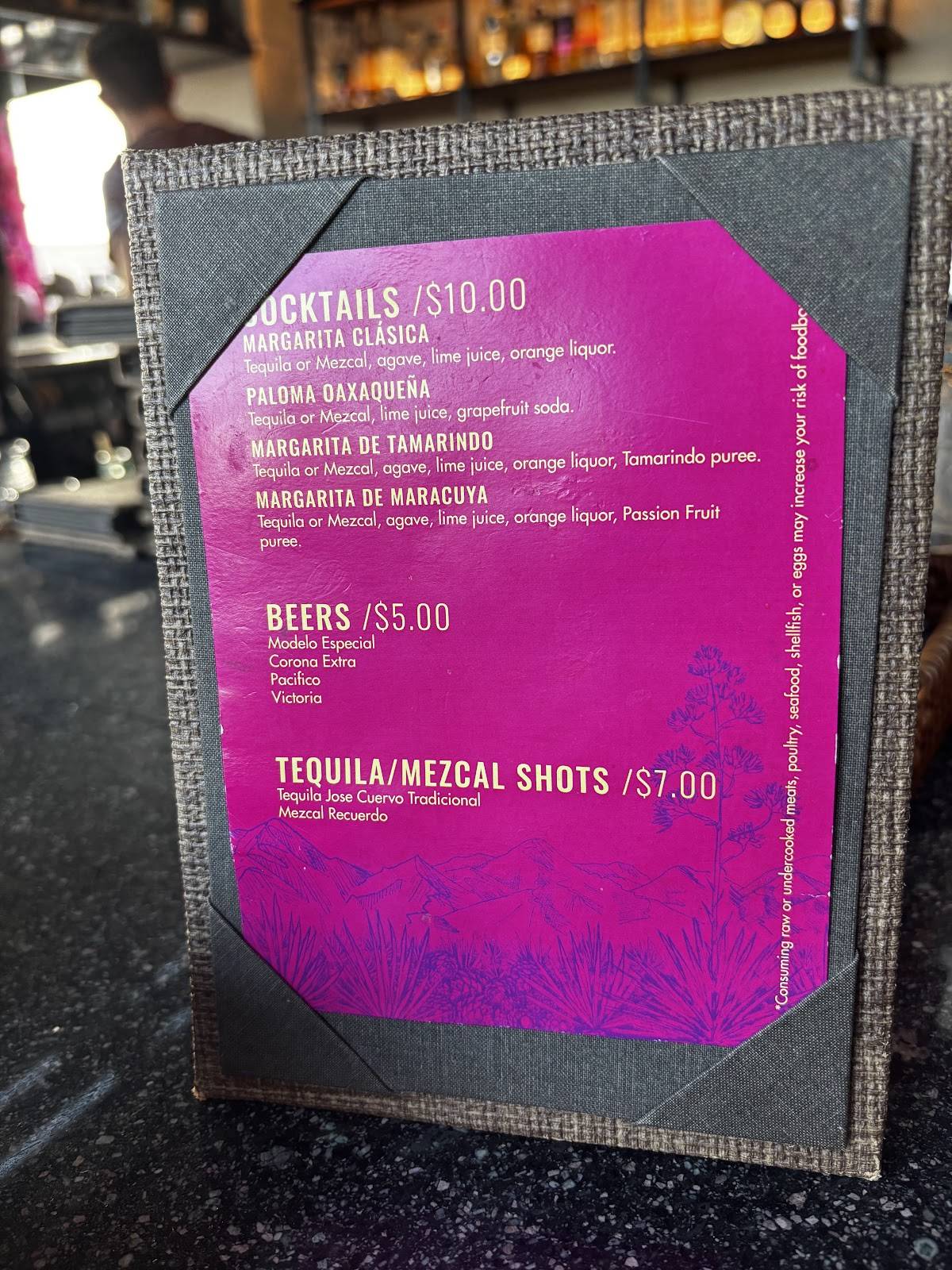 Menu at Maíz y Agave restaurant, Miami