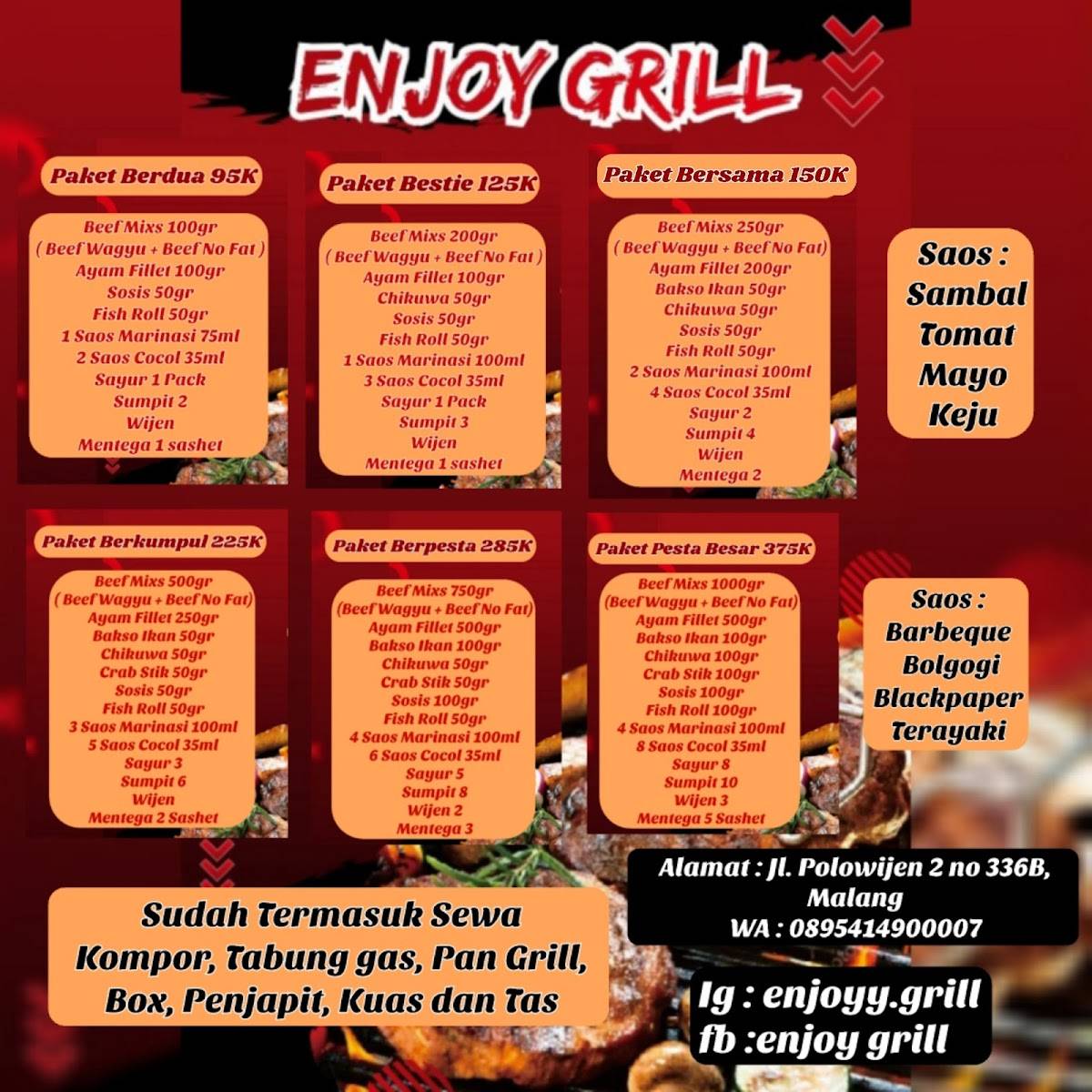 Menu at Persewaan Alat grill Enjoy Grill, Malang