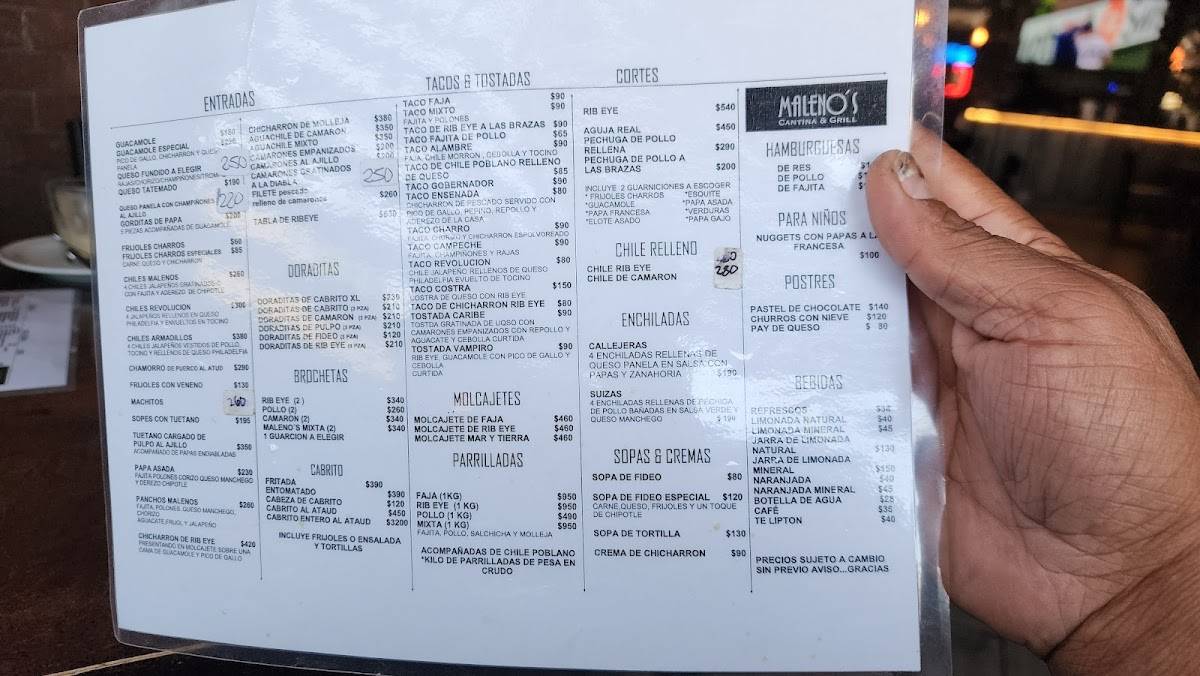 Menu at Maleno's Cantina & Grill restaurant, Nuevo Laredo
