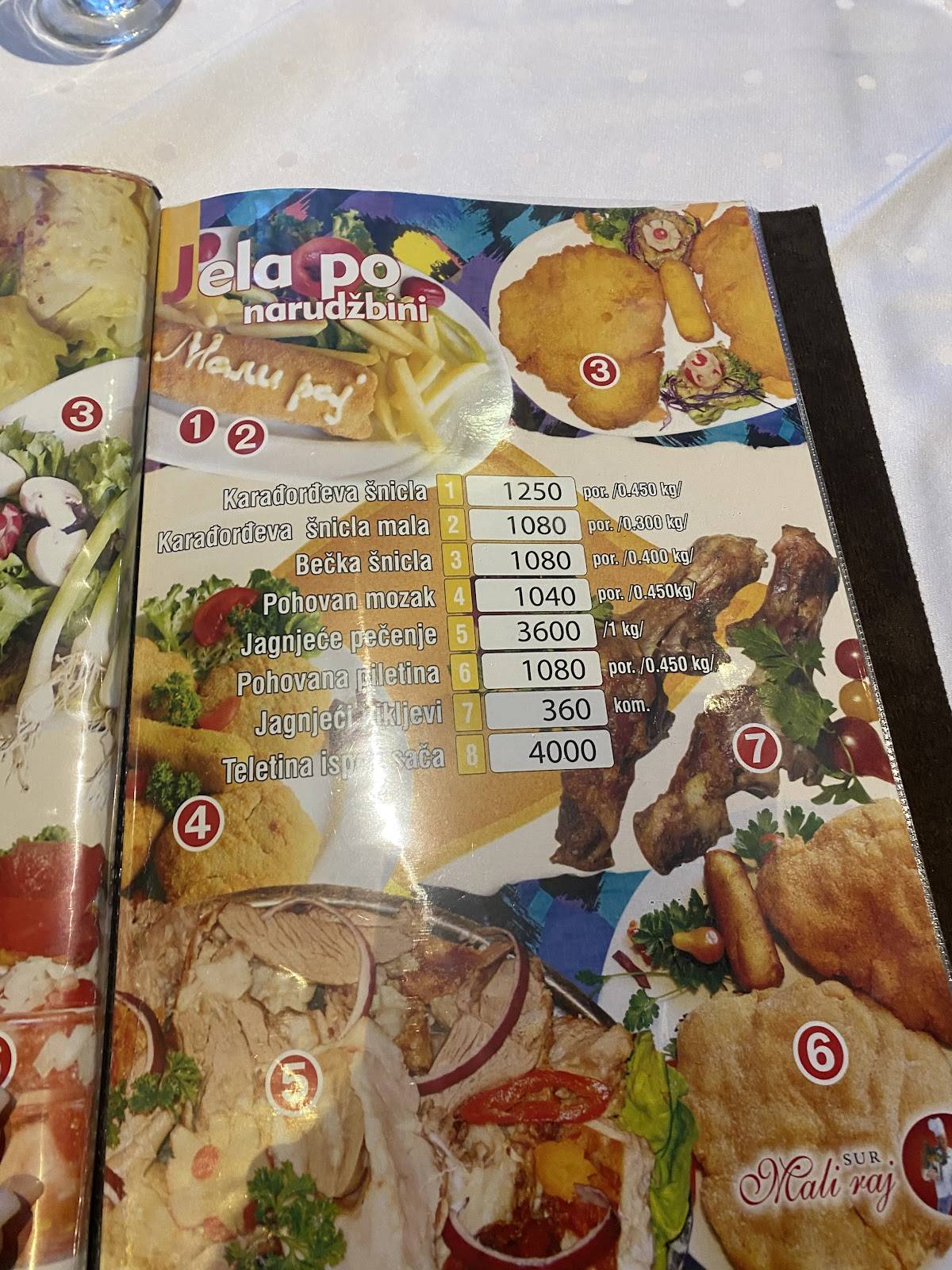Menu at Mali Raj restaurant, Jagodina