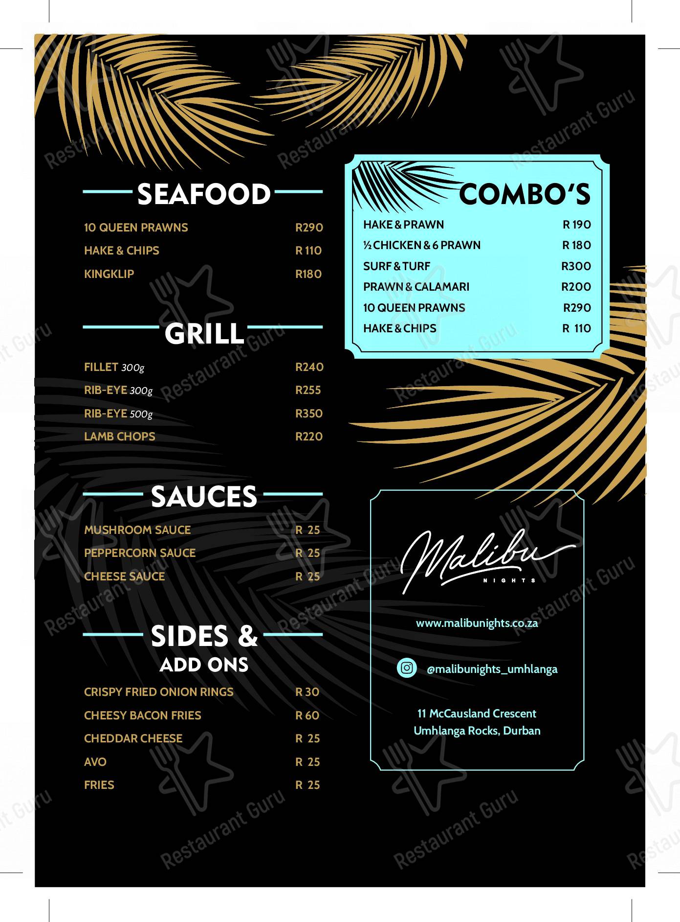 Menu at Malibu Nights Umhlanga pub & bar, Durban