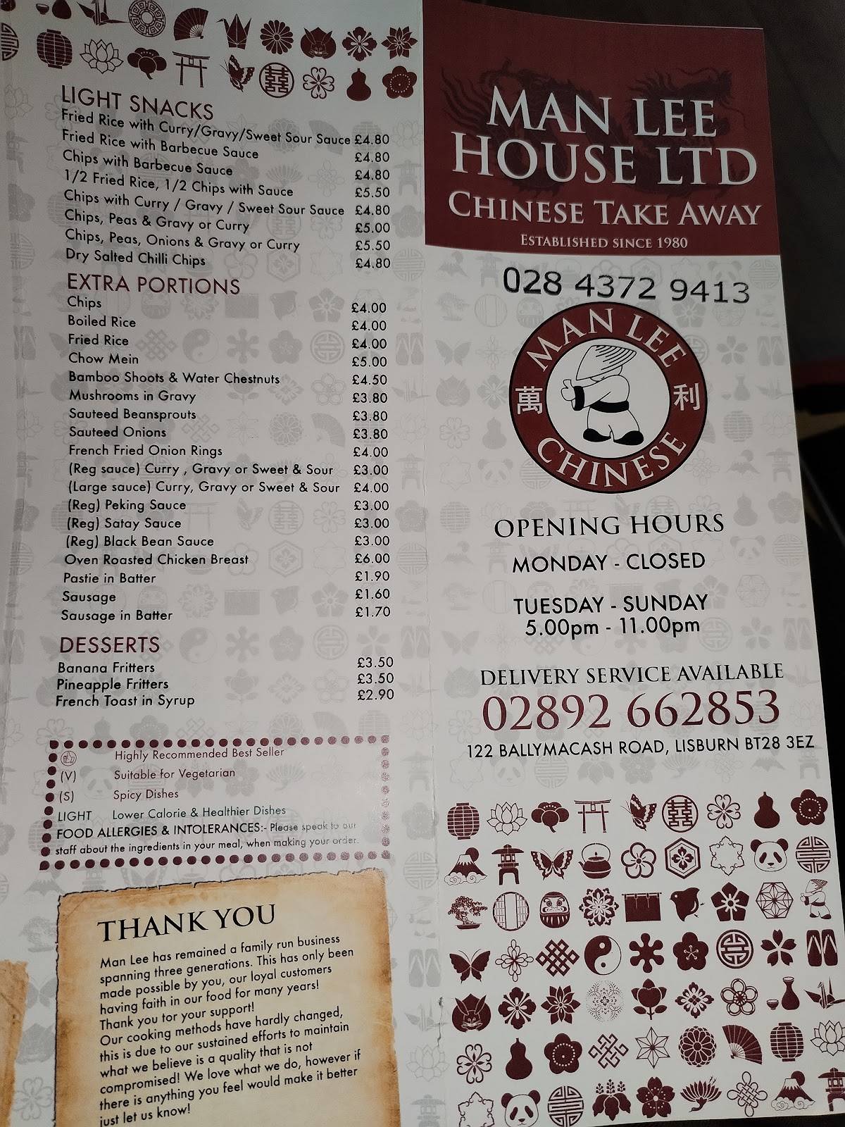 Menu at Man Lee fast food, Lisburn, 122 Ballymacash Rd