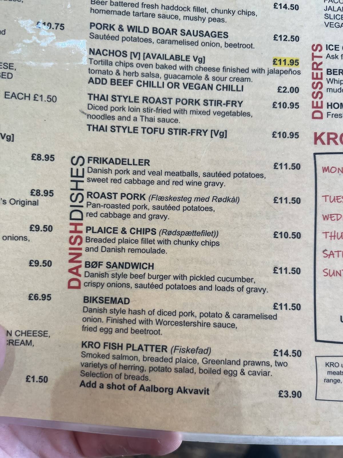Menu at Kro Bar, Manchester, 325 Oxford Rd