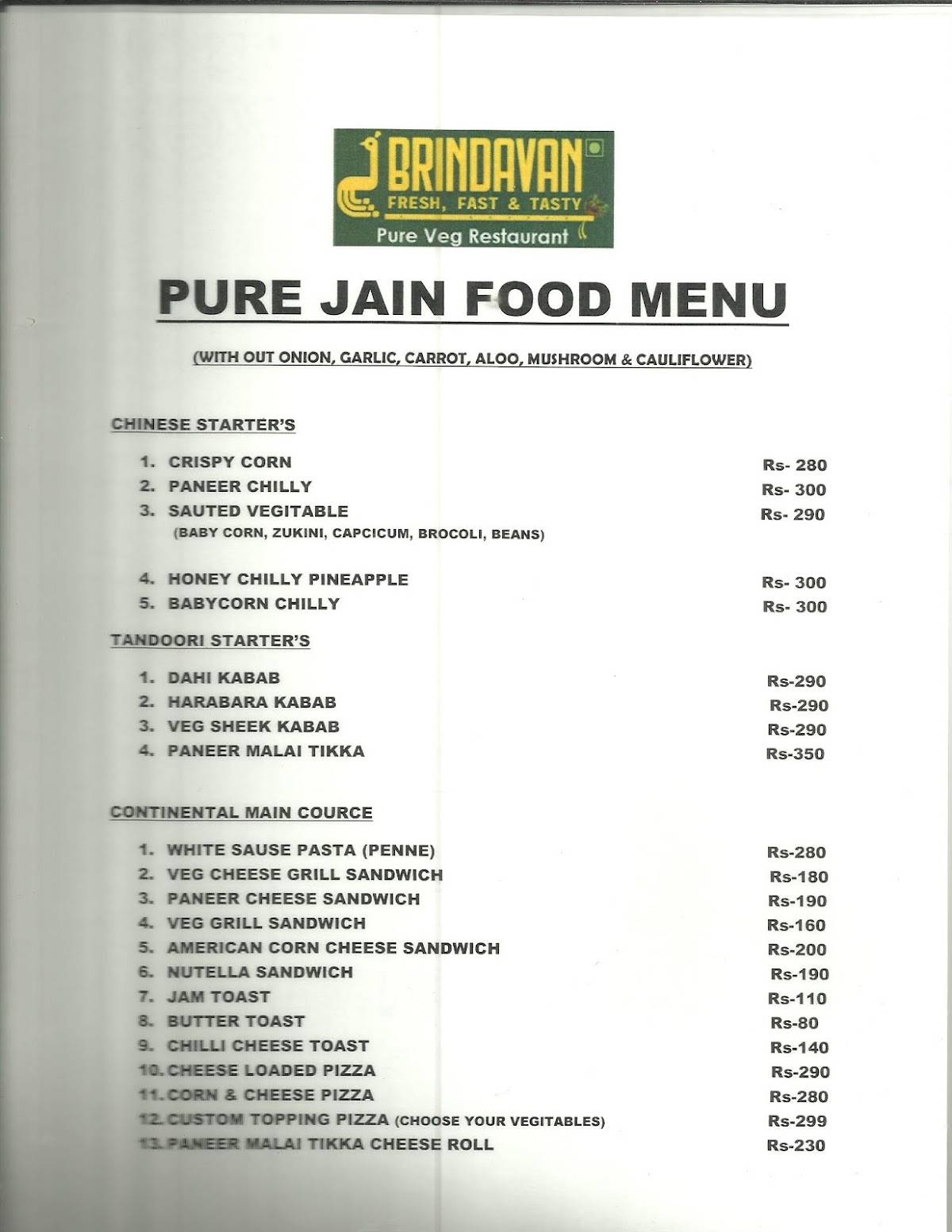 Menu at Brindavan Pure Veg Restaurant, Mandi