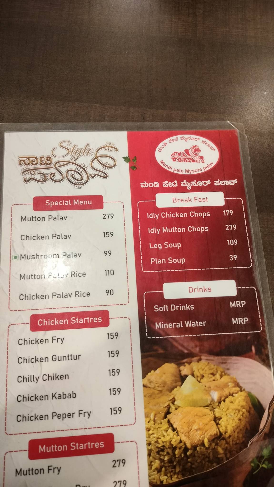 Menu at Mandipete Mysore Palav, Bengaluru