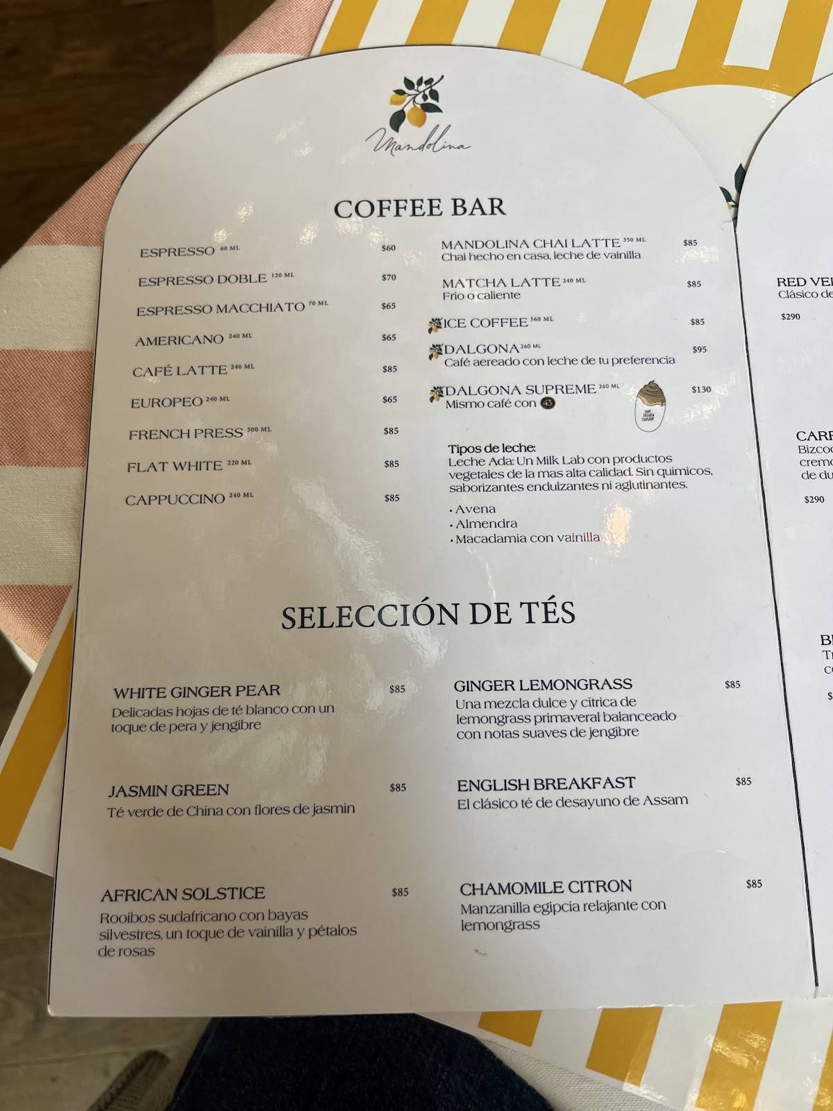 Carta del restaurante Mandolina Polanco, Ciudad del México