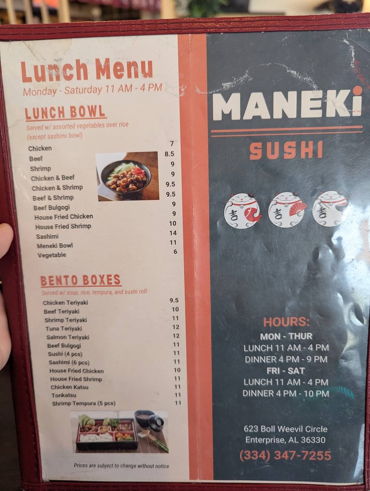Menu at Maneki Sushi restaurant, Enterprise, 623 Boll Weevil Cir