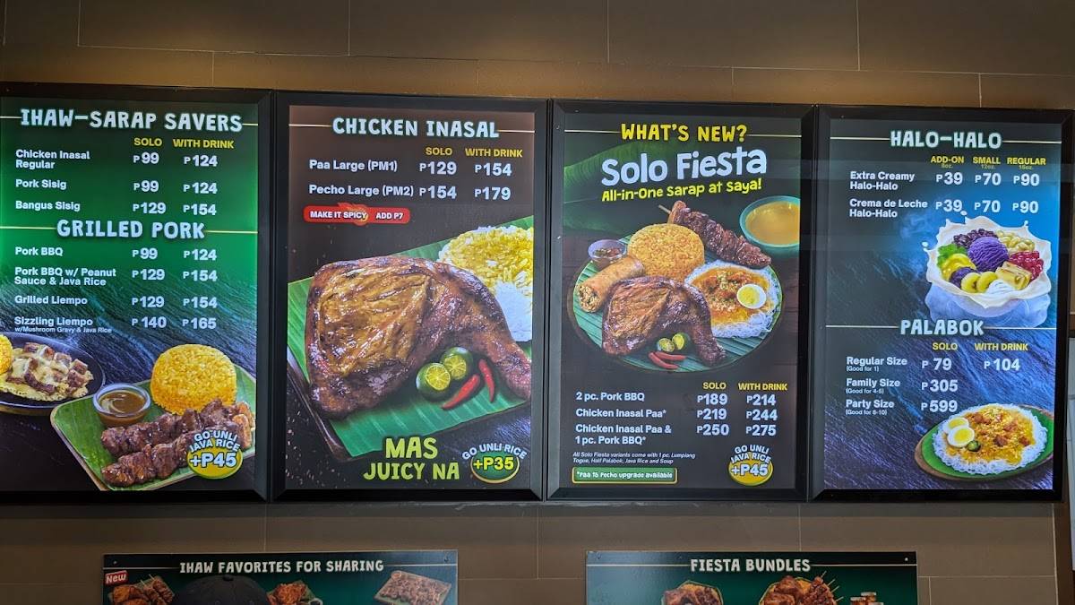 Menu at Mang Inasal Puregold Halang restaurant, Calamba