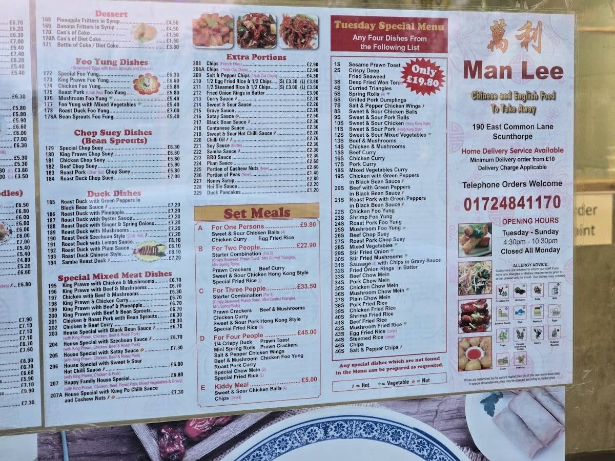 Menu at Manlee Chinese Take Away fast food, Scunthorpe