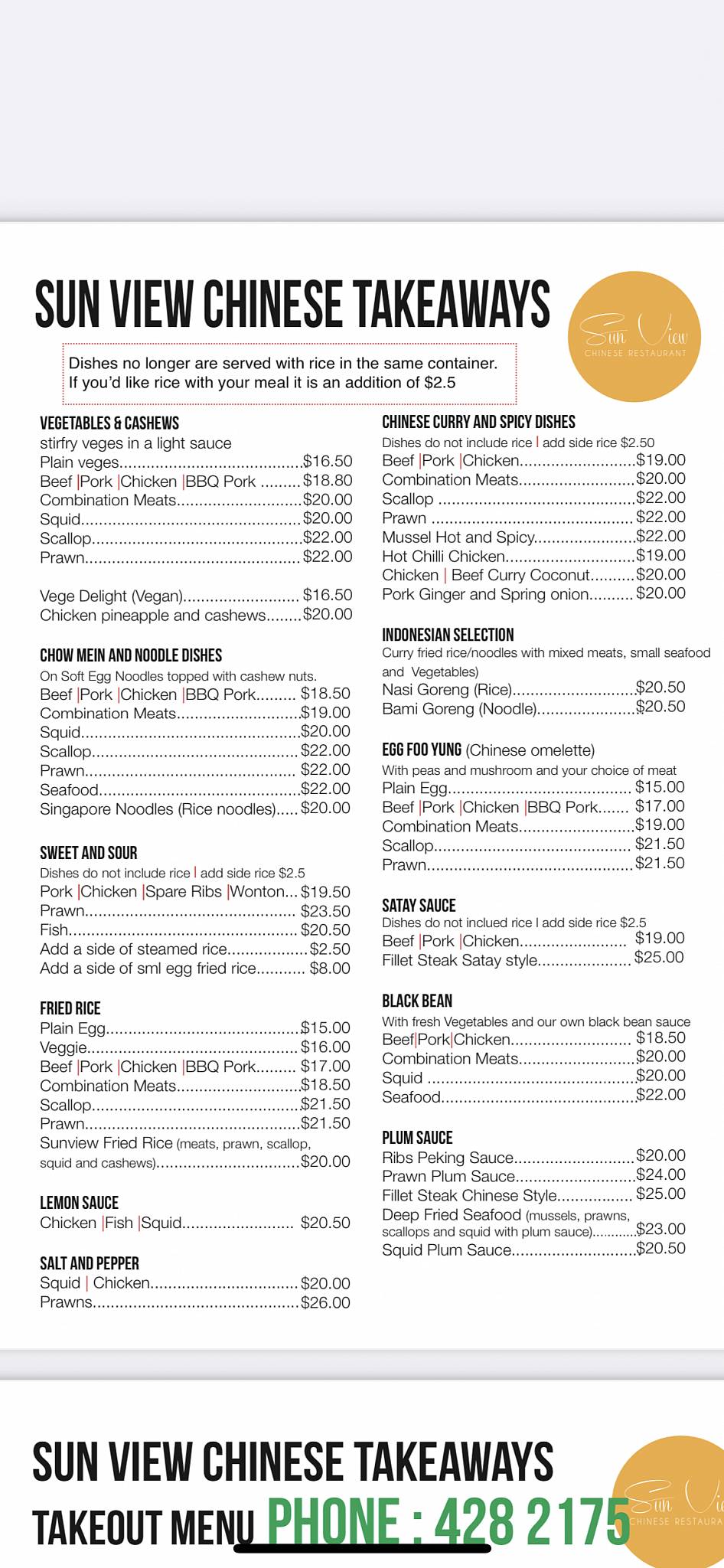 Menu at Manly Takeaways & Sun View Chinese restaurant, Auckland