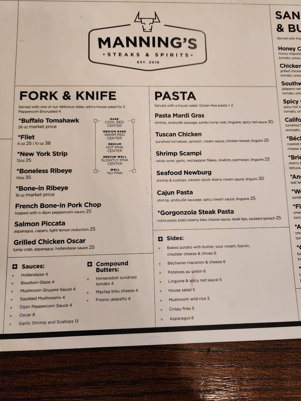 Menu at Manning's Steaks and Spirits steakhouse, Lakewood