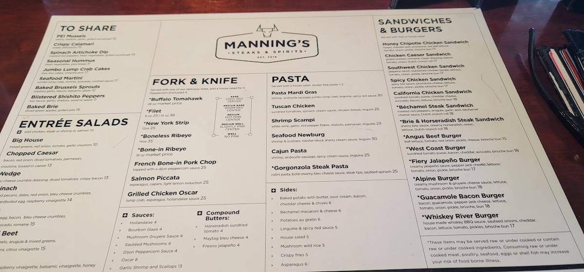 Menu at Manning's Steaks and Spirits steakhouse, Lakewood
