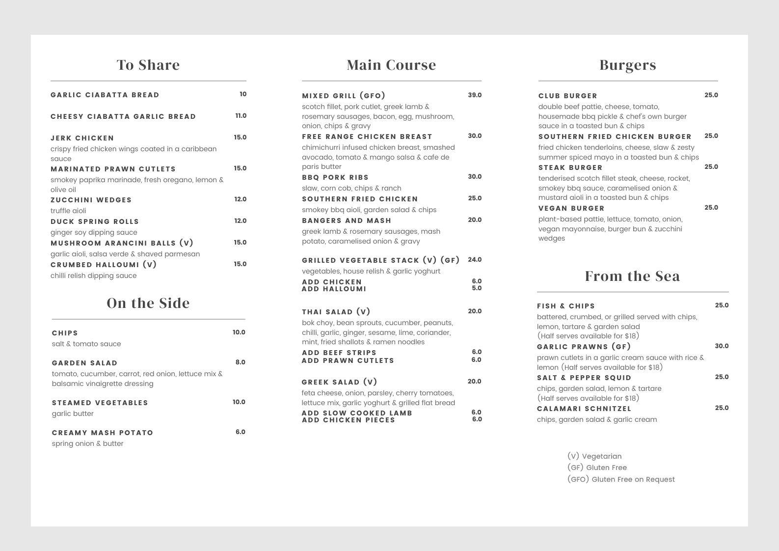 Menu at Mannum Community Club, Mannum