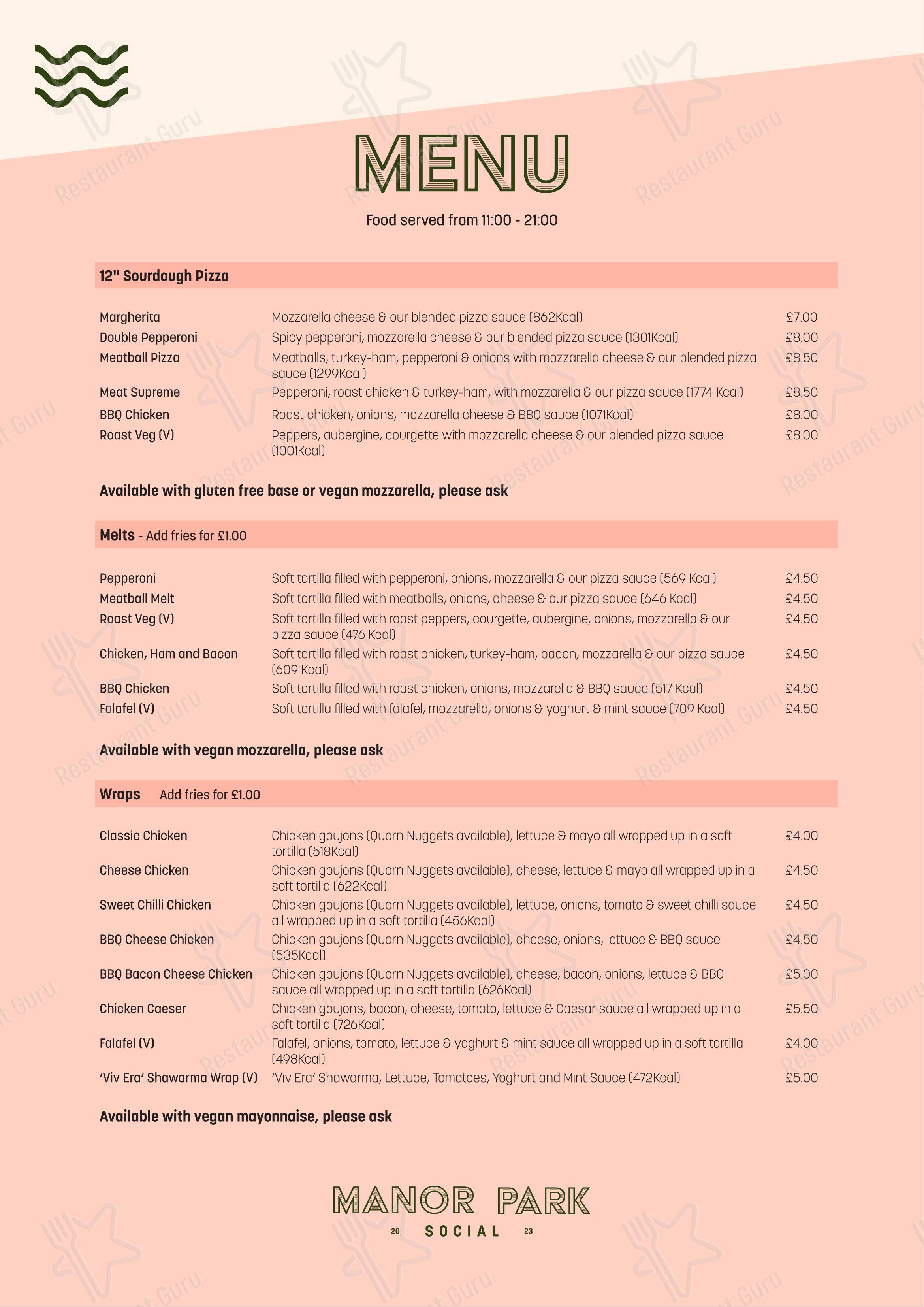 Menu at Manor Park Social pub & bar, Guildford