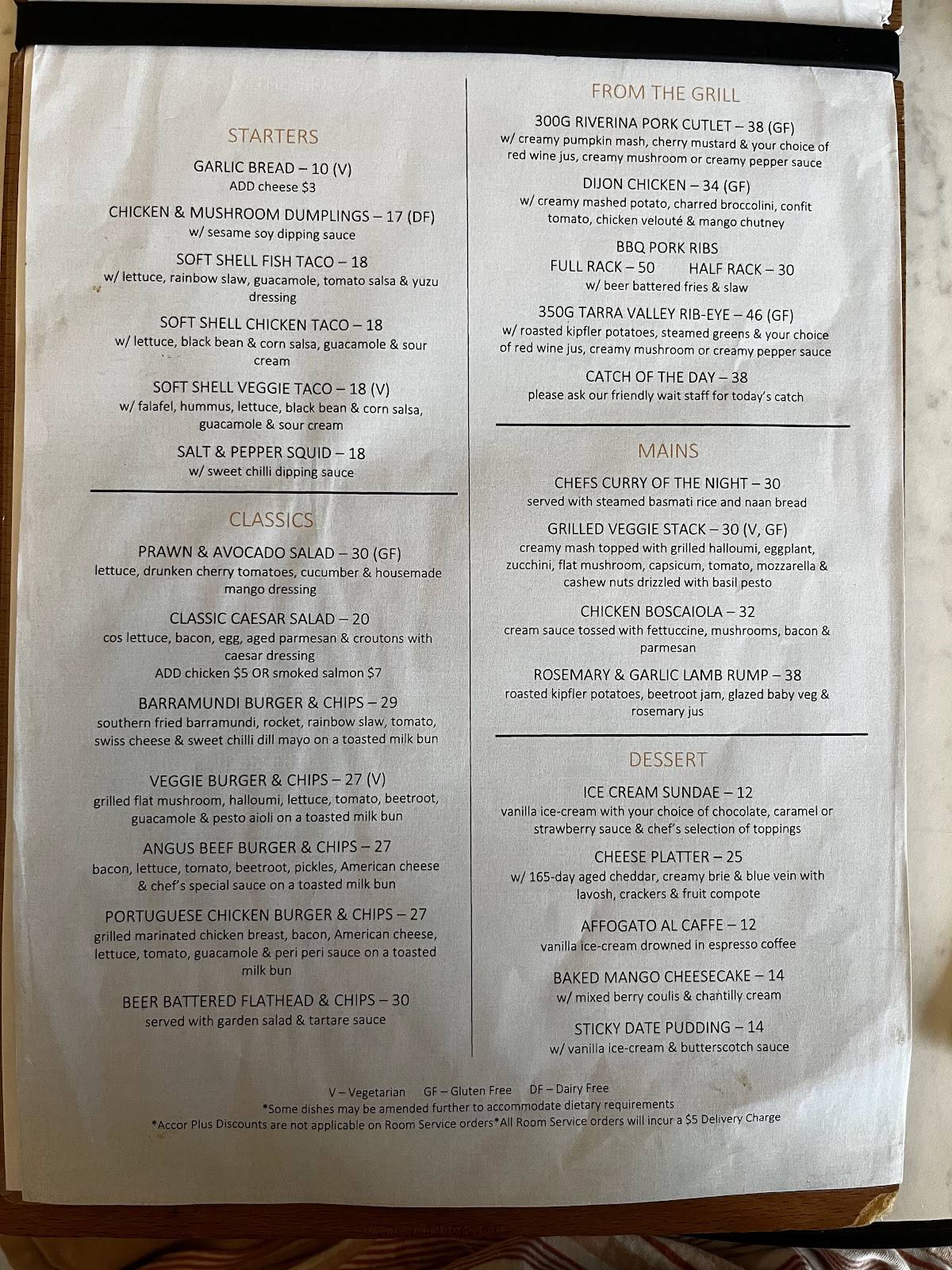 Menu at Mantra on Sydney Airport Restaurant, Mascot