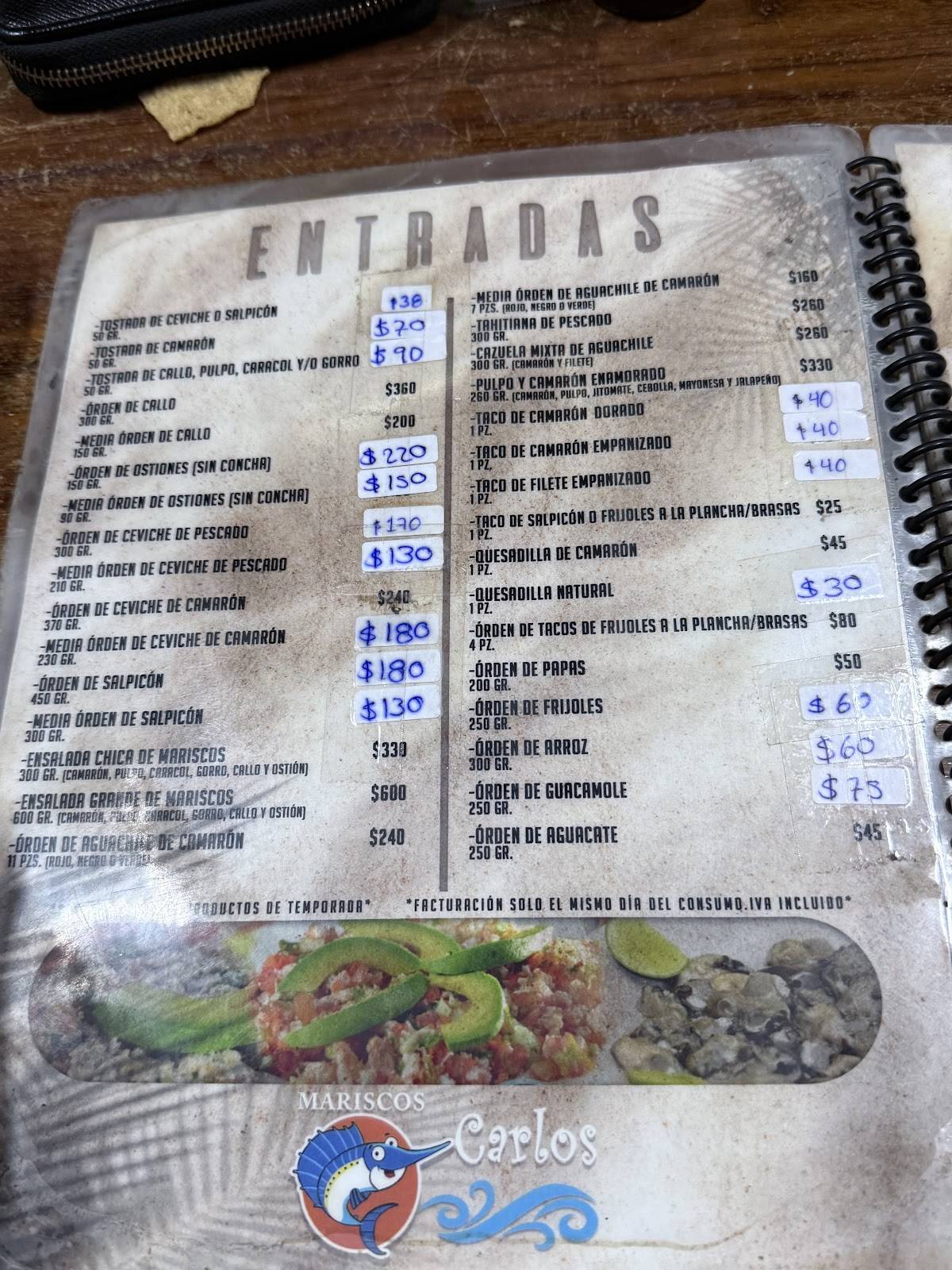 Menu at Mariscos Carlos restaurant, Manzanillo
