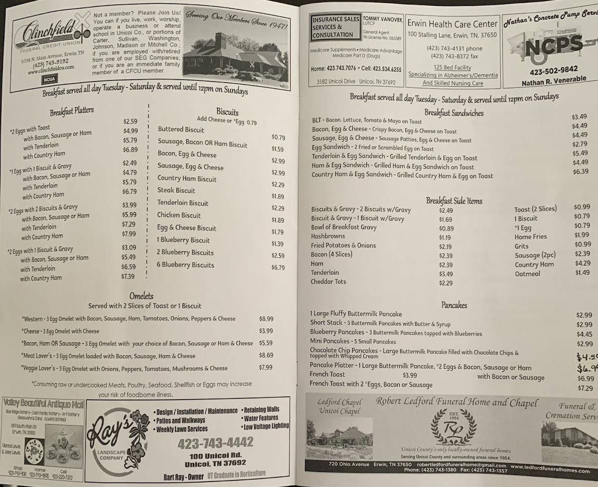 Menu at Maple Grove Restaurant, Unicoi
