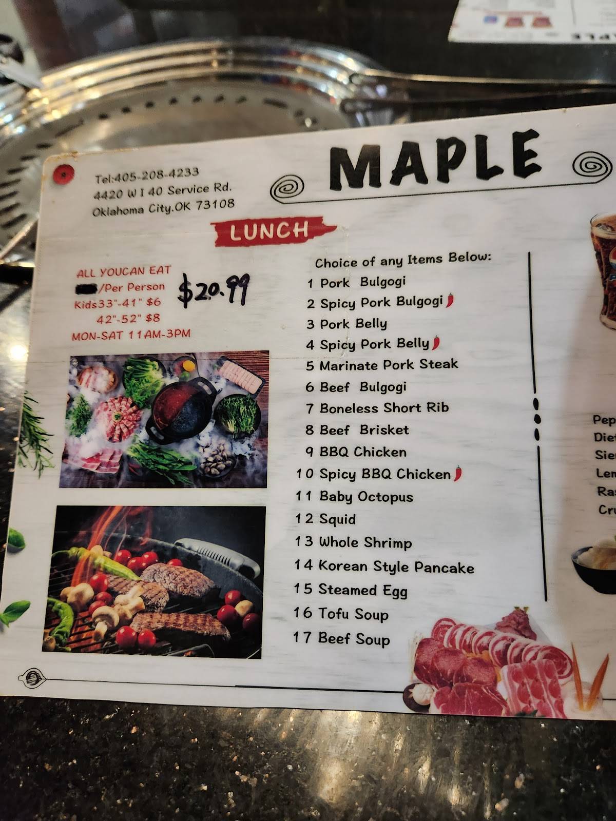 Menu at Maple Korean BBQ & Hot Pot, Oklahoma City