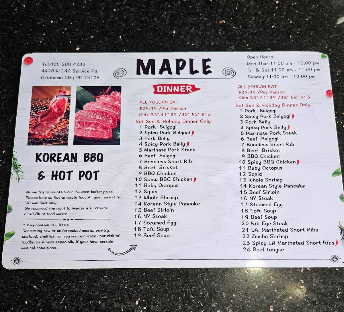 Menu at Maple Korean BBQ & Hot Pot, Oklahoma City