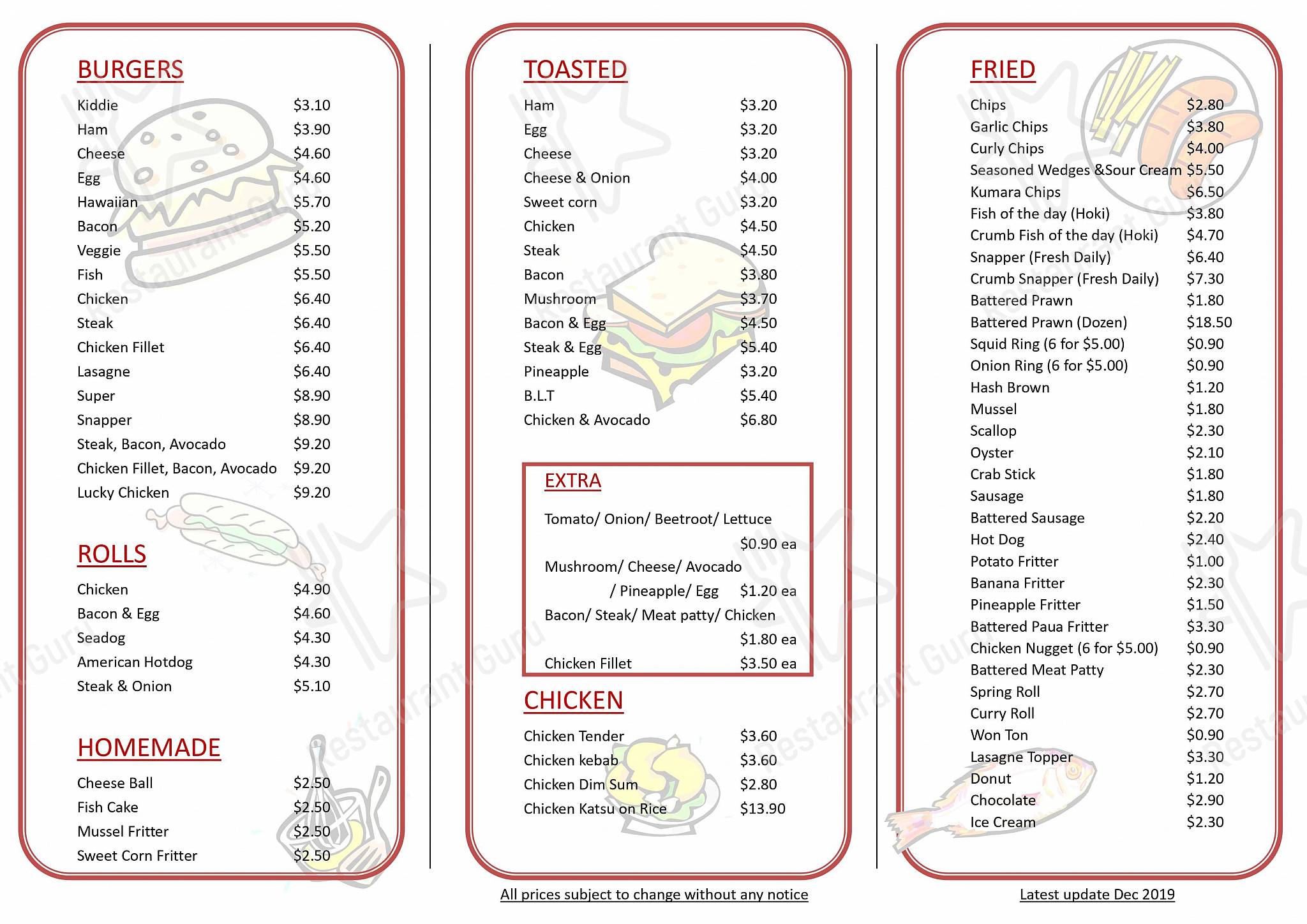Menu at Maraetai Lucky Takeaway, Auckland