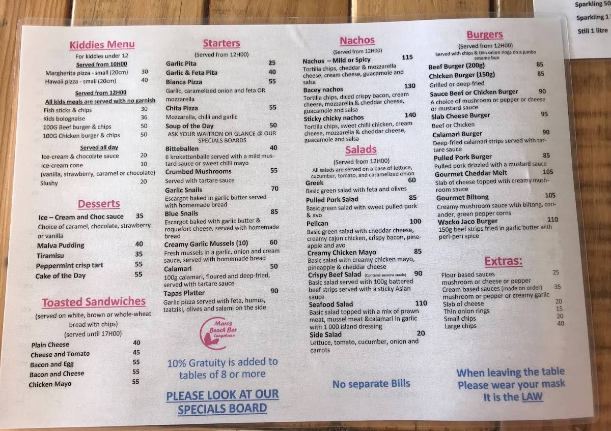 Menu at Marc's Beach Bar, Langebaan, Club Mykonos Resort
