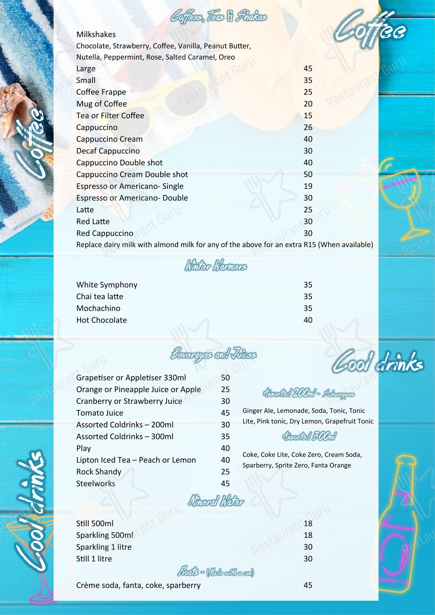 Menu at Marc's Beach Bar, Langebaan, Club Mykonos Resort