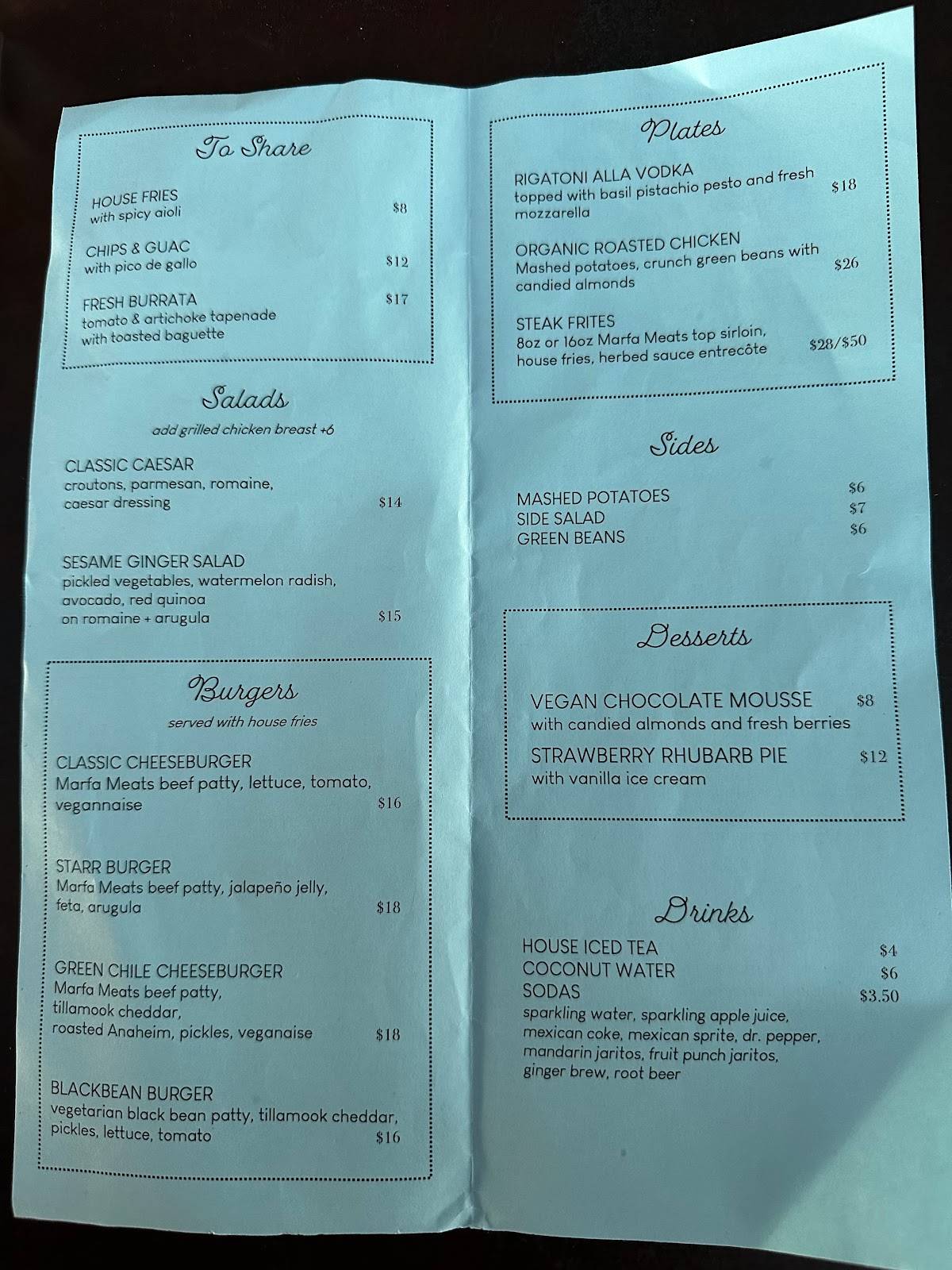 Menu at the Water Stop restaurant, Marfa