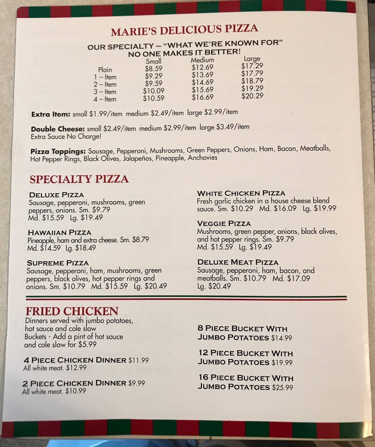 Menu at Marie's Restaurant, Wadsworth