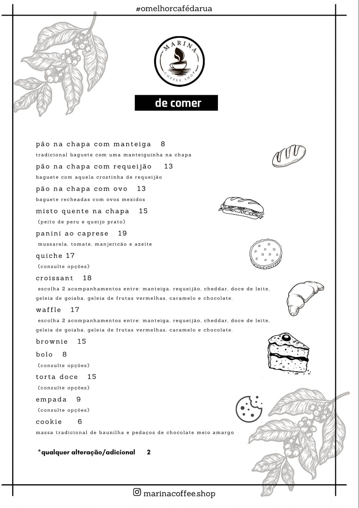 Carta del café Marina Coffee Shop, Maceió