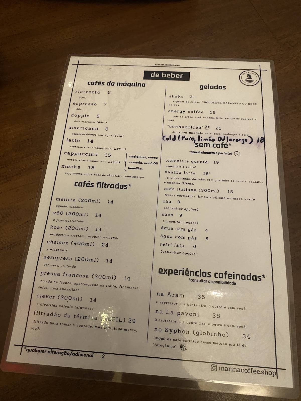 Menu at Marina Coffee Shop cafe, Maceió