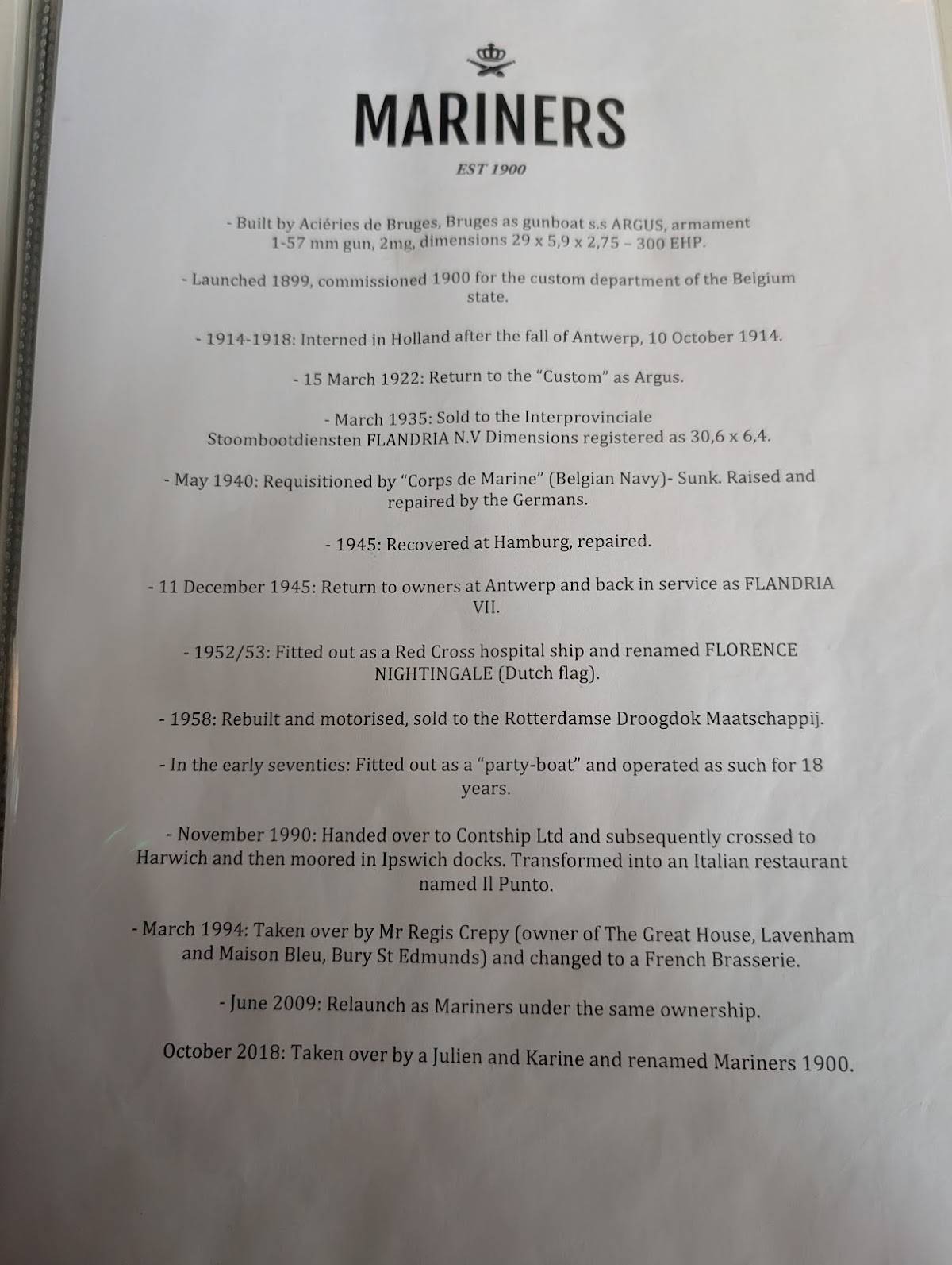 Menu at Mariners Restaurant, Ipswich