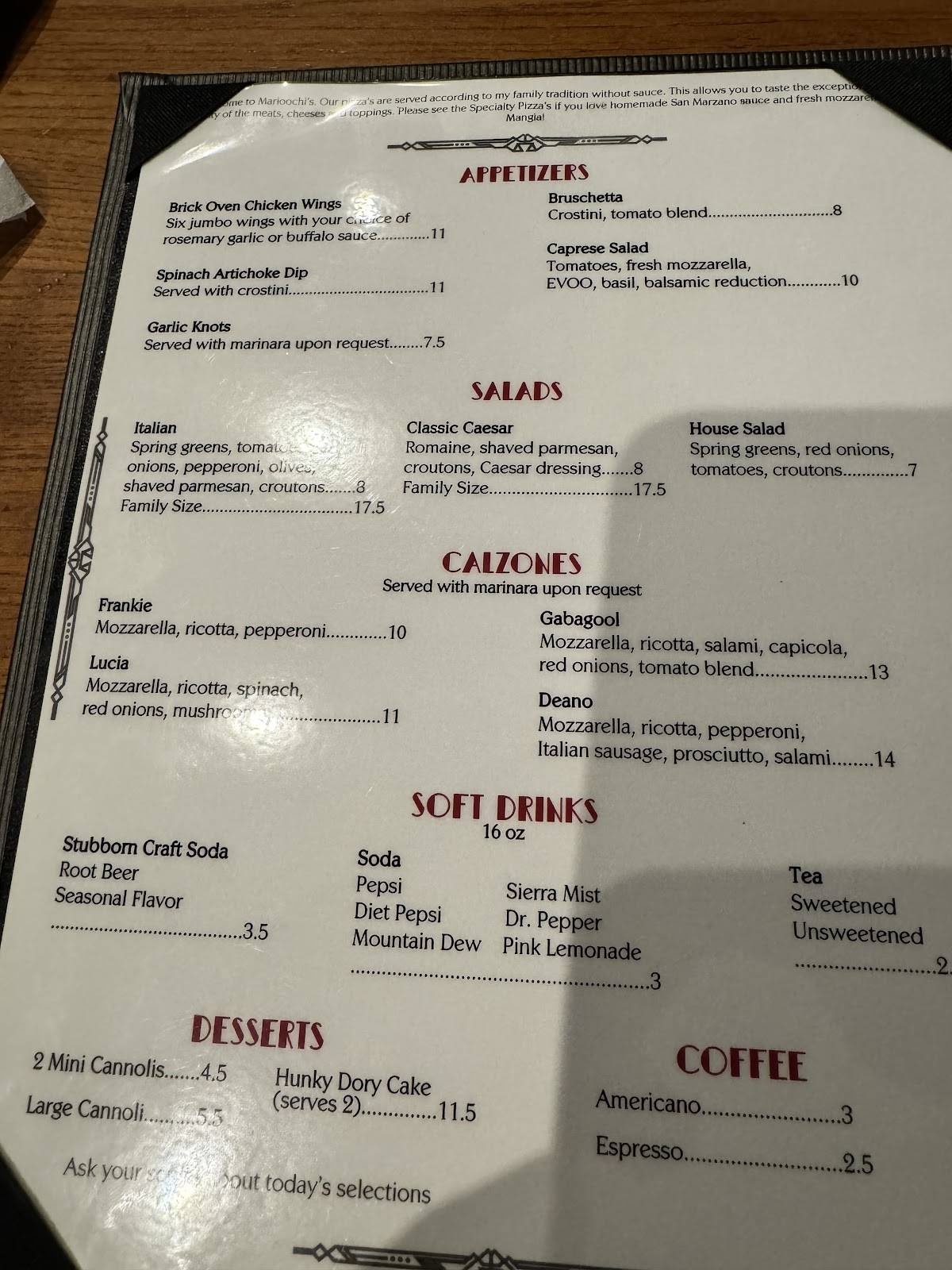 Menu at Marioochi’s Pizzeria On The Square, Sparta