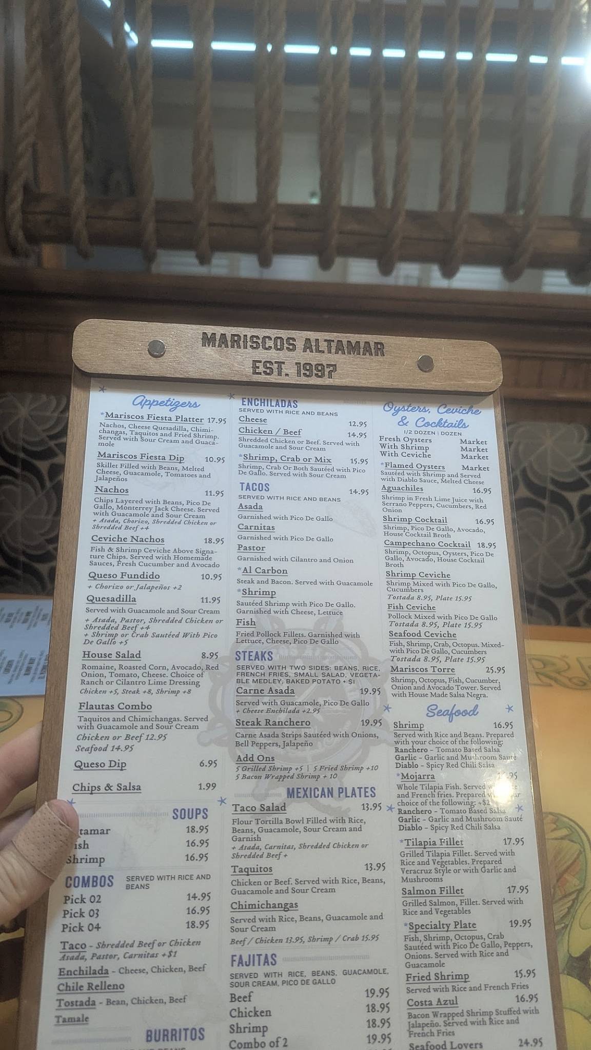 Menu at Mariscos Altamar restaurant, Albuquerque