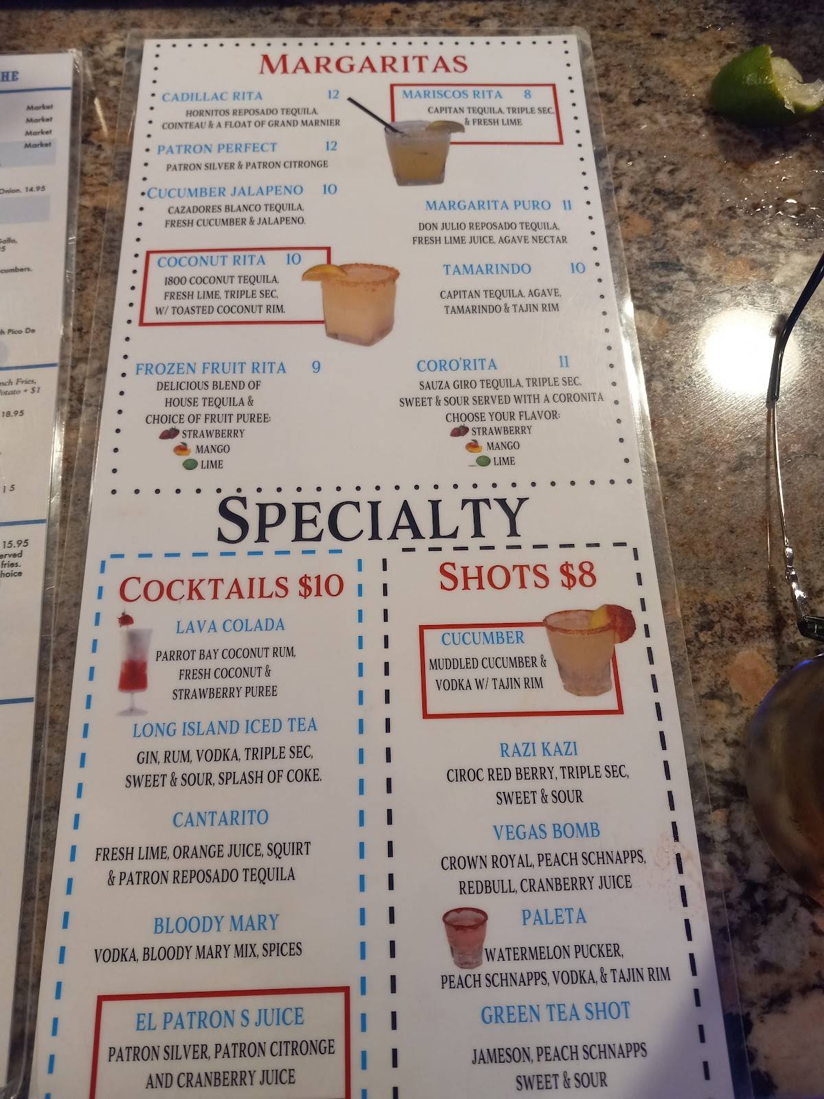 Menu at Mariscos Altamar restaurant, Albuquerque